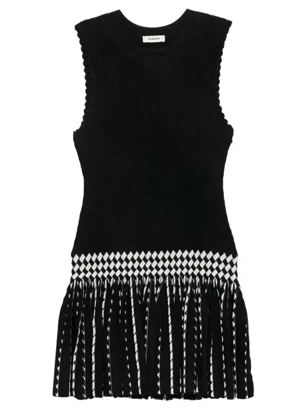 Sandro Checked Pleated Knitted Mini Dress - Black