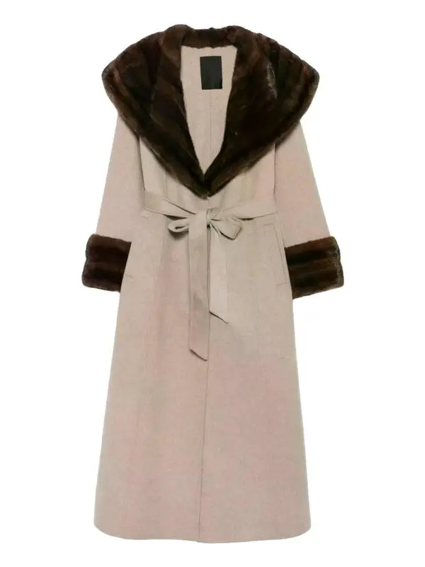 LISKA Fur-trim Belted Coat - Neutrals