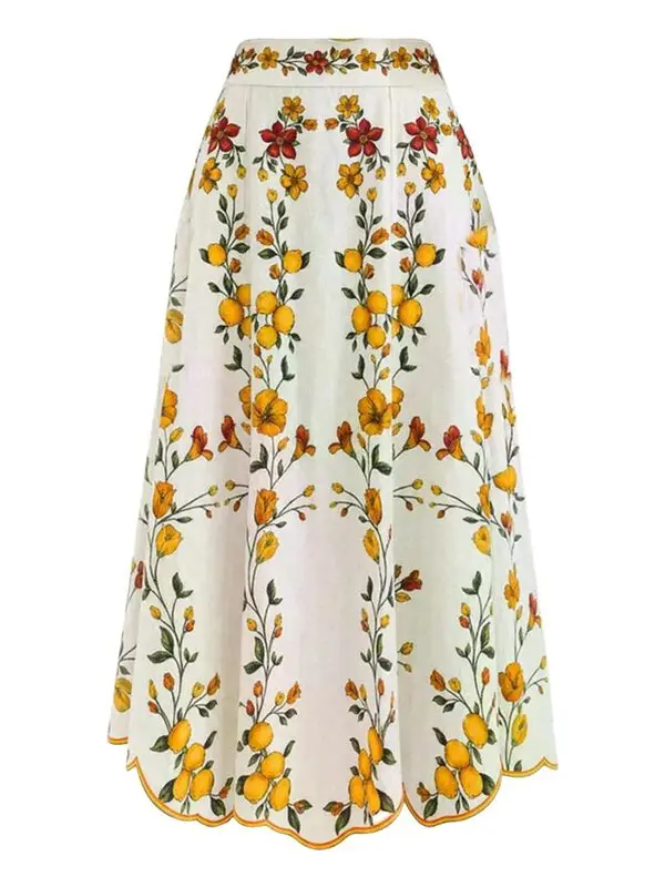 Farm Rio Lemon Bouquet Scalloped-hem Midi Skirt - Neutrals
