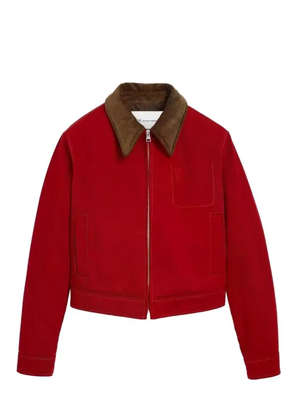 AMI Paris Cotton Zipped Jacket With De Coeur - Red