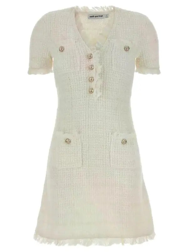 SELF-PORTRAIT Bouclé-knit Frayed Mini Dress - Neutrals