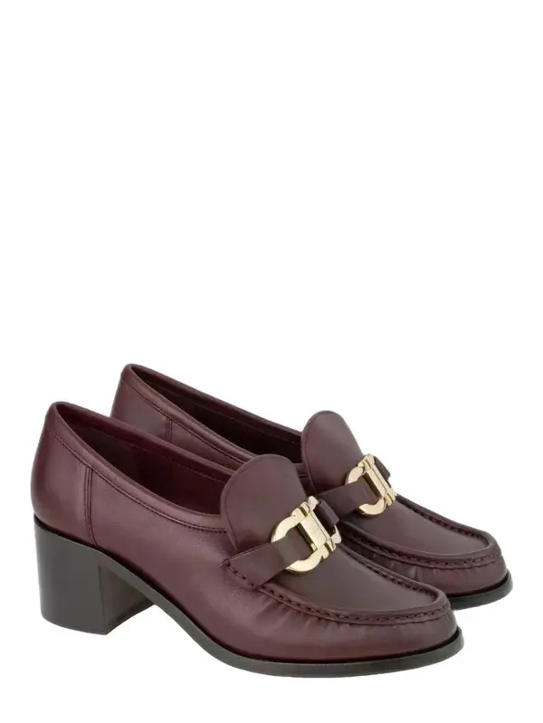 FERRAGAMO Block Heel Loafers With Gancini Ornament - Red