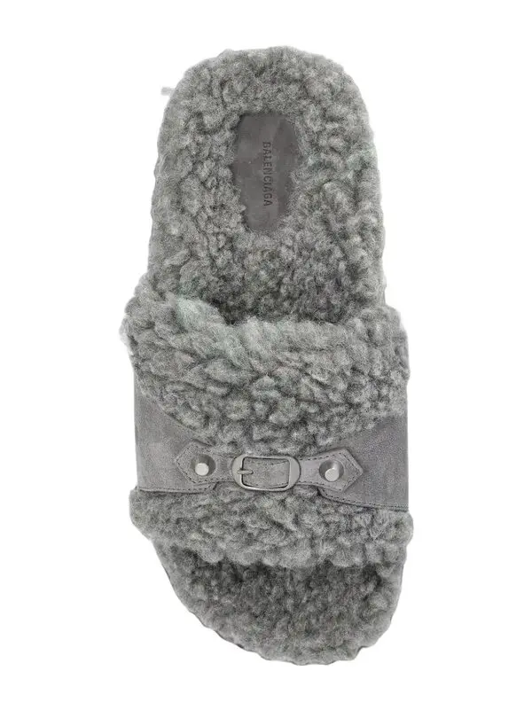 Balenciaga Furry Buckled Slides - Grey