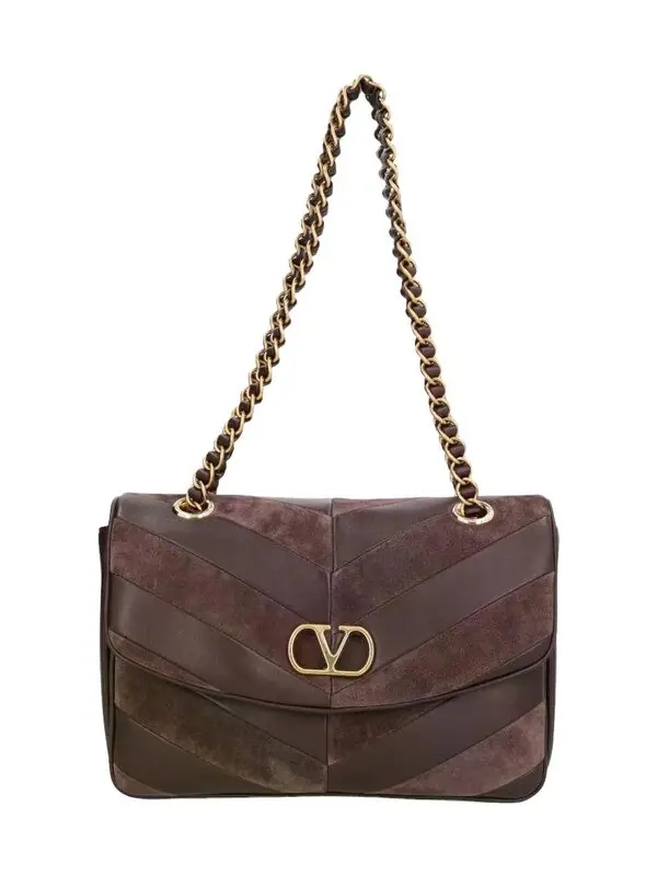 Valentino Garavani Djuna Medium Chain Bag In Suede And Nappa With Chevron-pattern - Brown