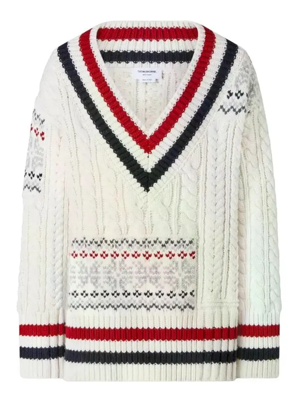 Thom Browne Merino-wool Fair Isle Cable-knit Pullover - Neutrals
