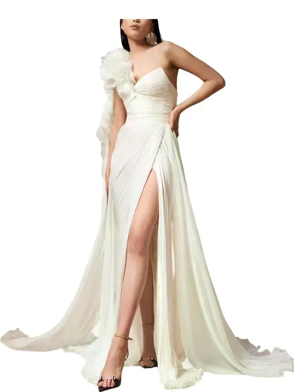 IRIS SERBAN Renee Floral-appliqué One-shoulder Gown - White