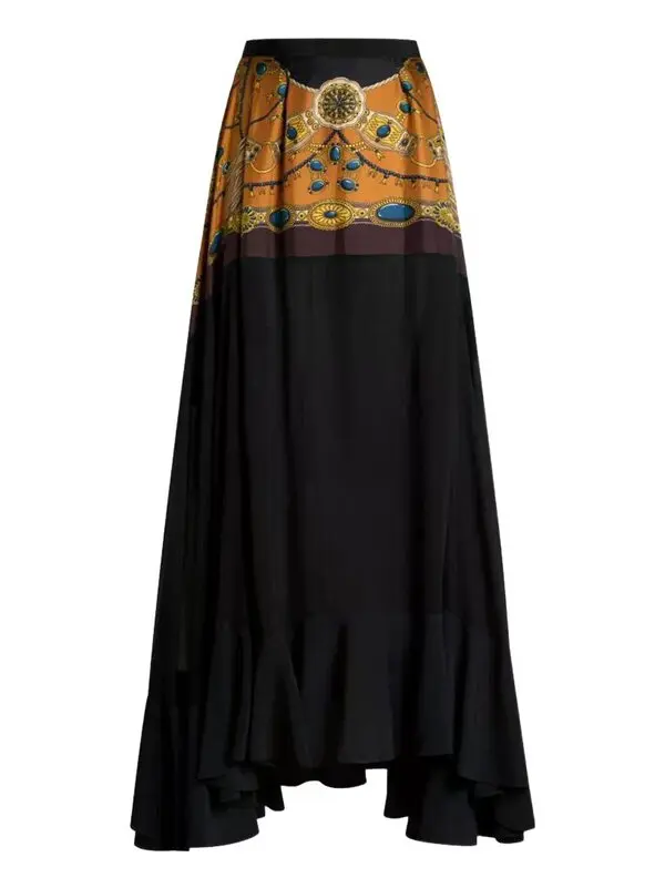 Etro Silk Maxi Skirt With Bow And Placed Jewellery Print - Black