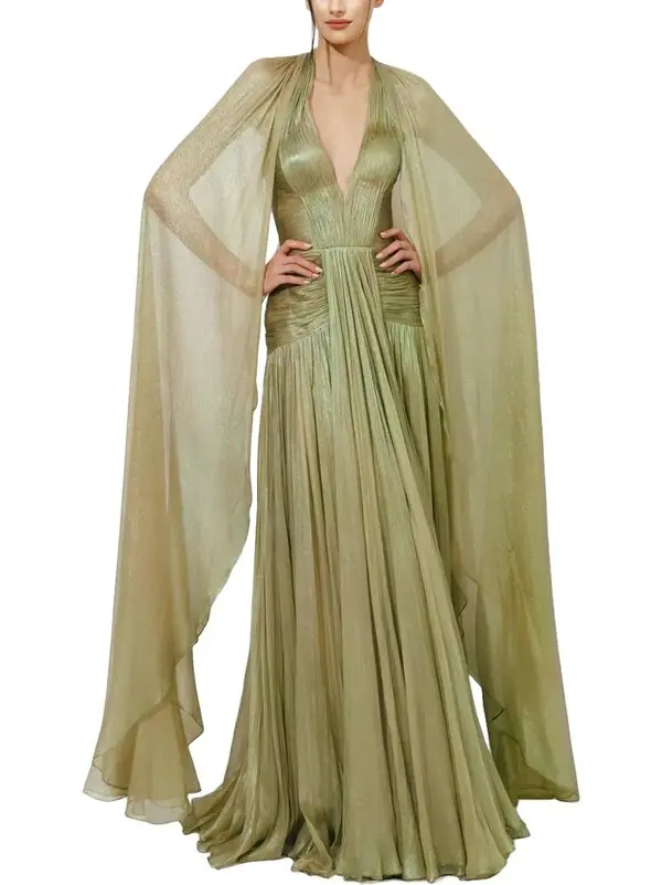 IRIS SERBAN Sonya Pleated Cape Gown - Green