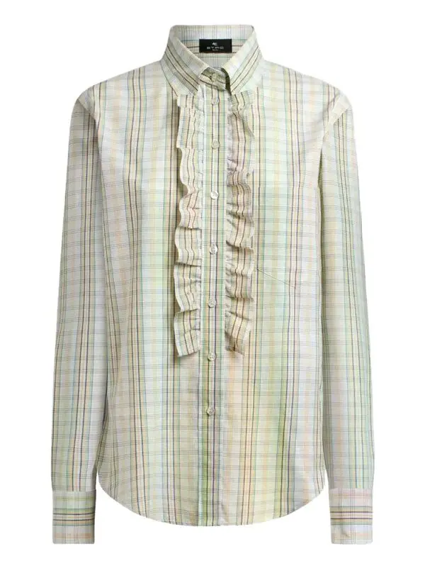 Etro Cotton Shirt With Bib And Check Motif - Neutrals