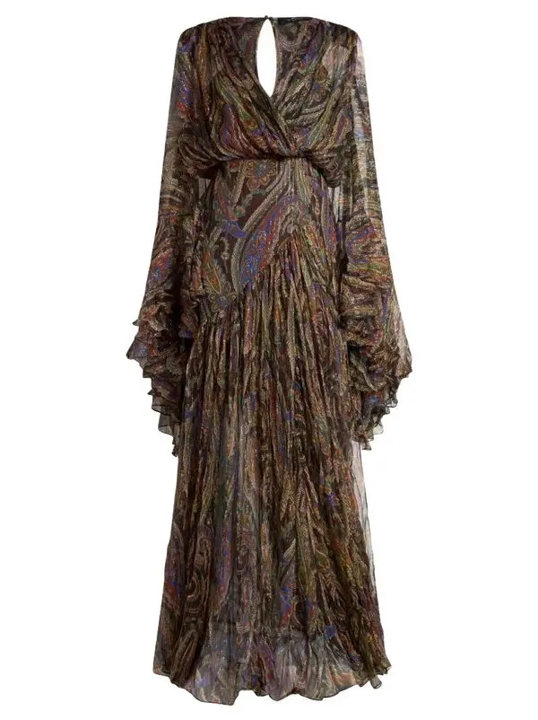 Etro Silk Long Dress With Ruffles And Paisley Motif - Brown