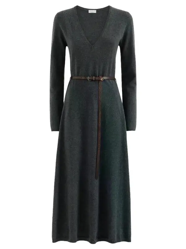 Brunello Cucinelli Cashmere Knit Dress With Belt And Monile - Grey