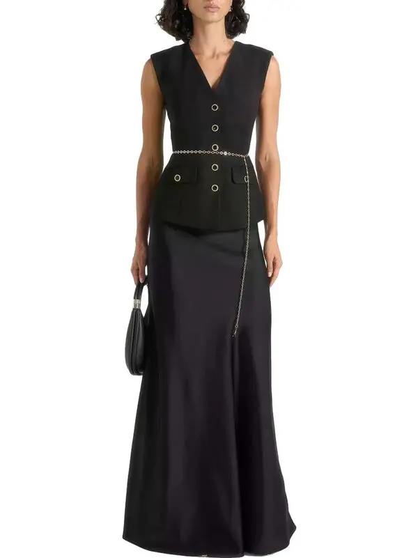 Manière De Voir Nahla In Chain-belt Waistcoat-satin Maxi Dress - Black