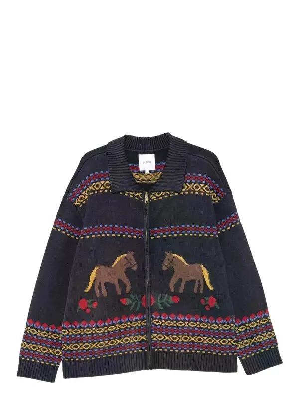 FOUND Isles Horse-intarsia Zip-up Cardigan - Blue
