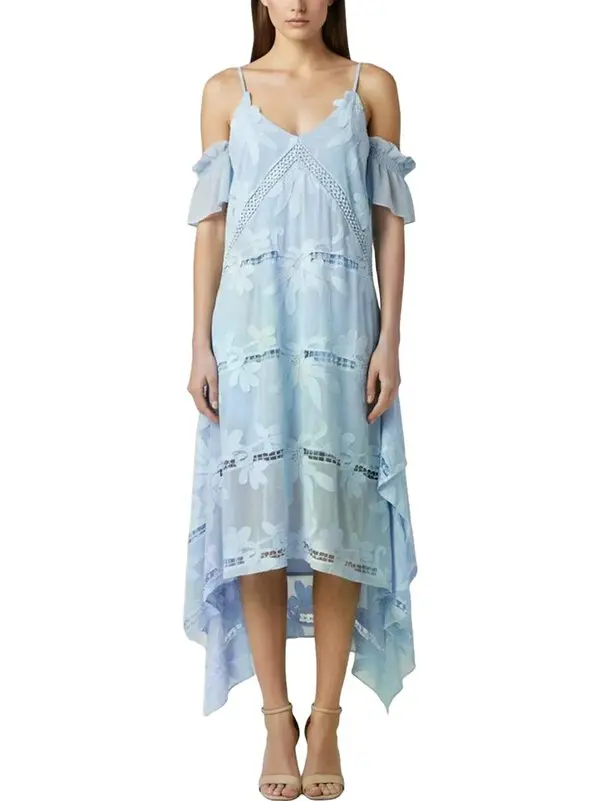 SELF-PORTRAIT Midi Guipure Lace Cold-shoulder Dress - Blue