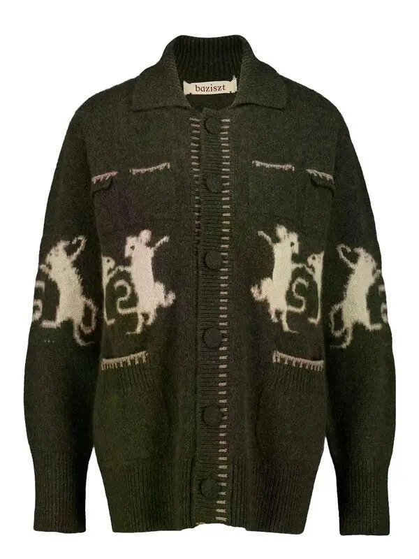 BAZISZT Mice-intarsia Buttoned Cardigan - Green