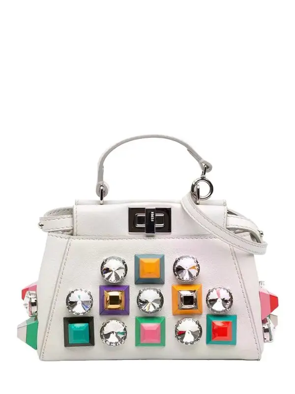Fendi 2010-2026 Micro Studded Calfskin Peekaboo Iconic Satchel - White