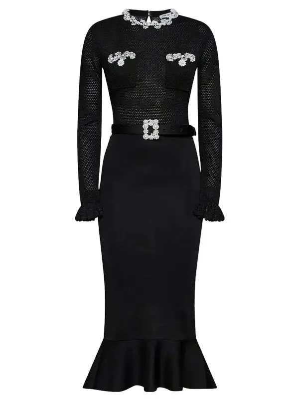 SELF-PORTRAIT Beaded-embroidery Peplum Midi Dress - Black