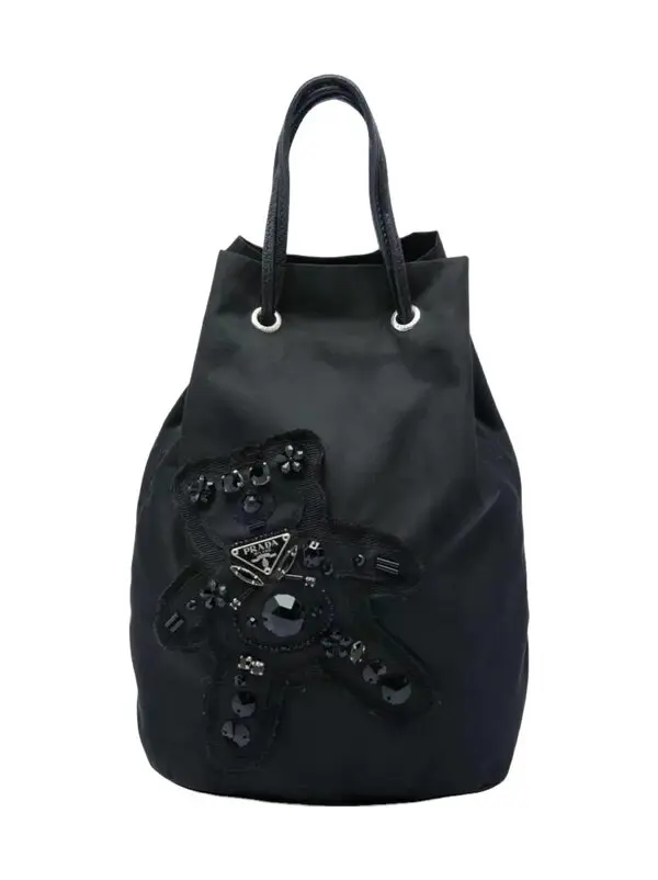Prada 2018 Beaded Tessuto Evening Bear Drawstring Bucket Bag - Black