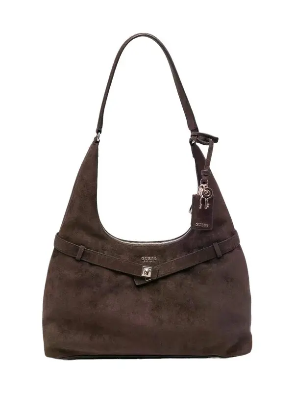 Guess Suede-finish Shoulder Bag With Buckle Detail - Brown