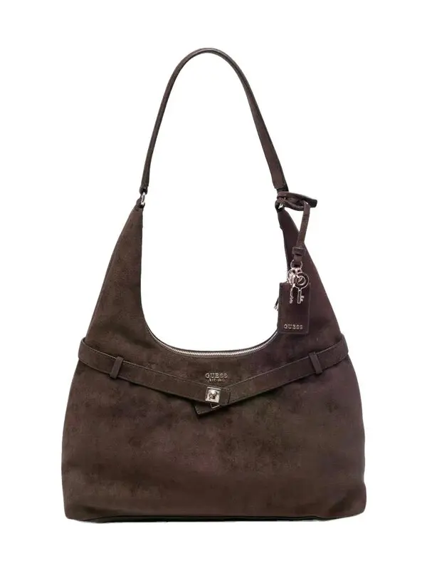 Guess Suede-finish Shoulder Bag With Buckle Detail - Brown