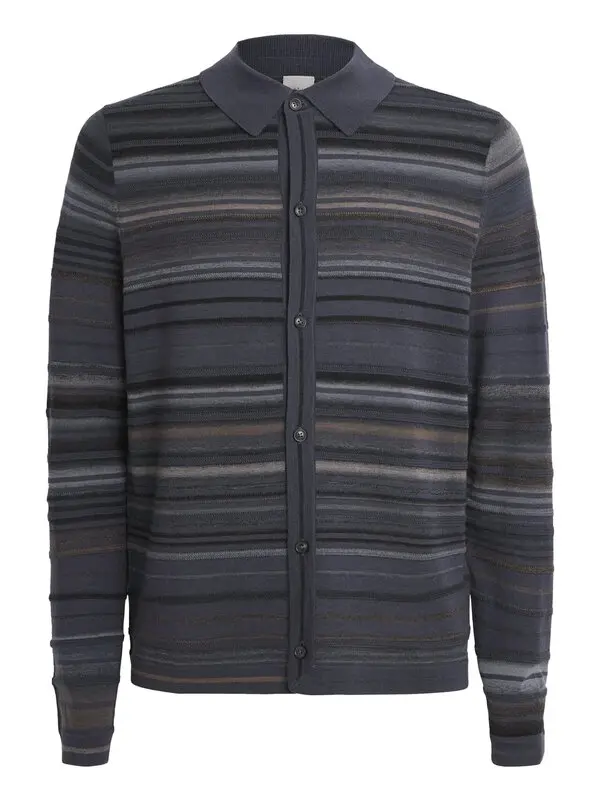 Paul Smith Merino Stripe Polo Cardigan - Grey