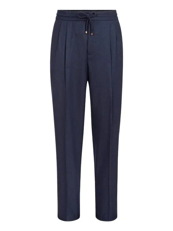 Brunello Cucinelli Virgin Wool Pleated Drawstring Trousers - Blue