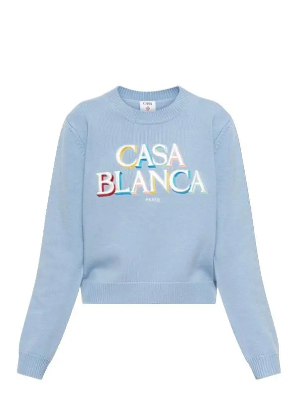 Casablanca Logo Embroidered Cropped Knit Sweater - Blue