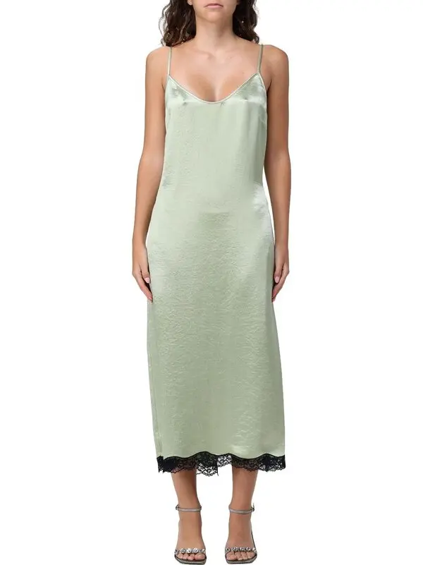 TWINSET Satin Midi Slip Dress With V-neck And Lace Inserts - Sage