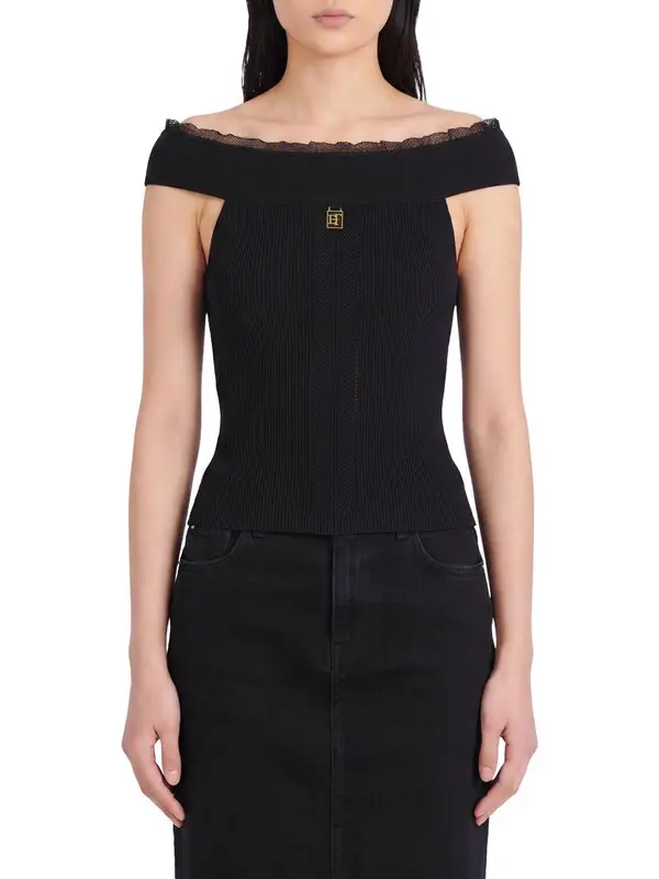 Elisabetta Franchi Off-the-shoulder Ribbed Knit Top With Metal Logo - Black