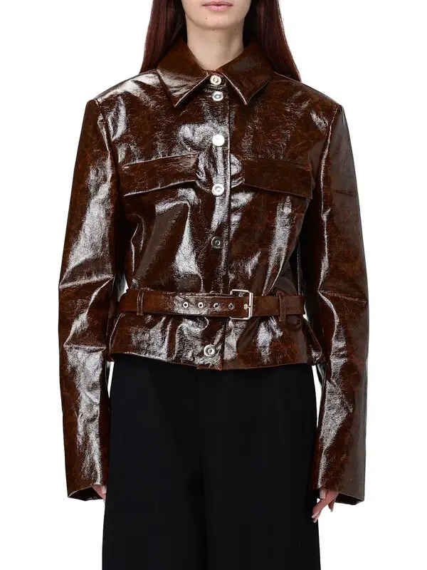 Sportmax Short Coated Cotton Patent-effect Jacket With Belt - Burnt