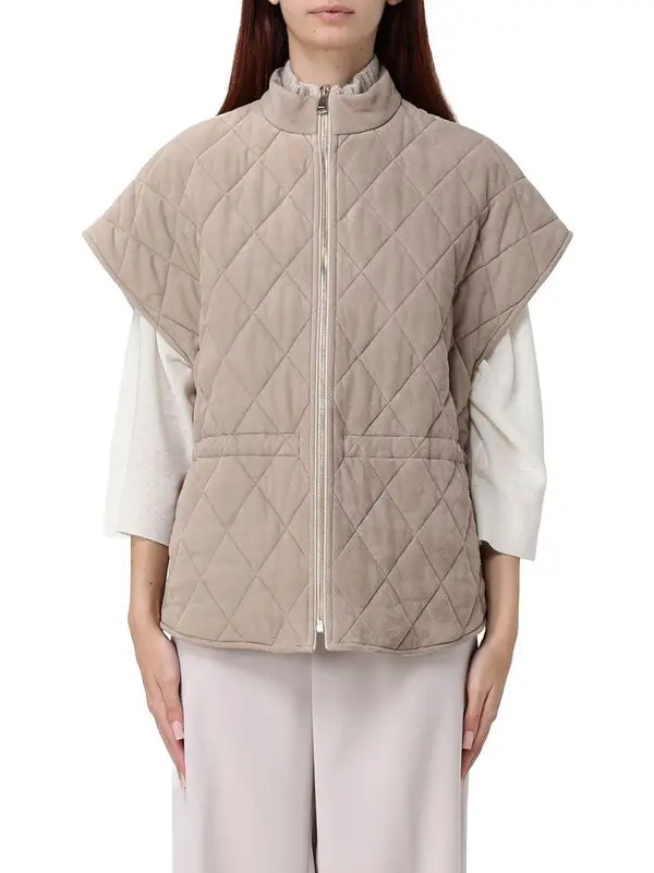 Fabiana Filippi Quilted Suede Gilet With High Neck And Drawstring - Brown