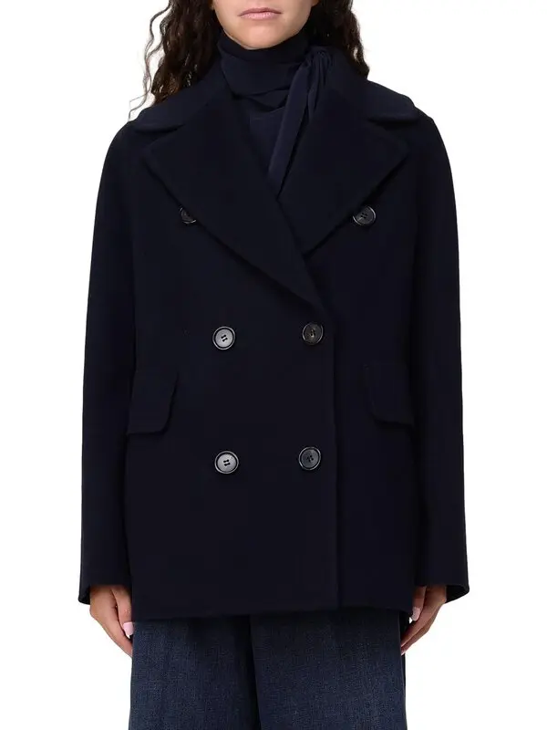 Max Mara Short Double-breasted Coat In Pure Virgin Wool With Flap Pockets - Blue