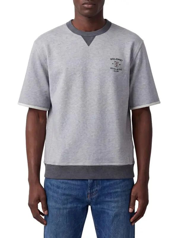Brunello Cucinelli Short-sleeved Cotton Crewneck Sweatshirt With Embroidered Logo - Grey