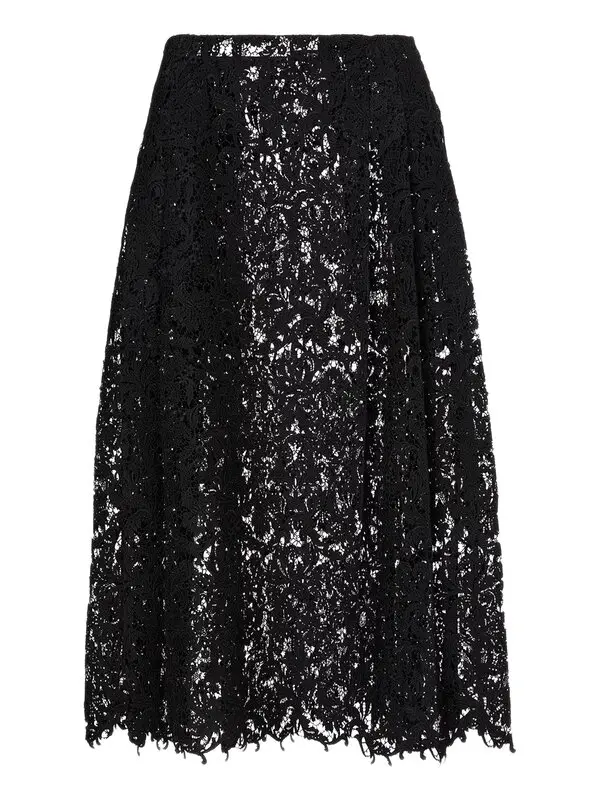 Fendi Flared Midi Skirt With Pleated Sides In Macramé Lace - Nero