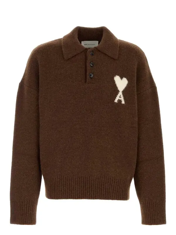 AMI Paris Stretch Alpaca Blend Polo Shirt - Brown
