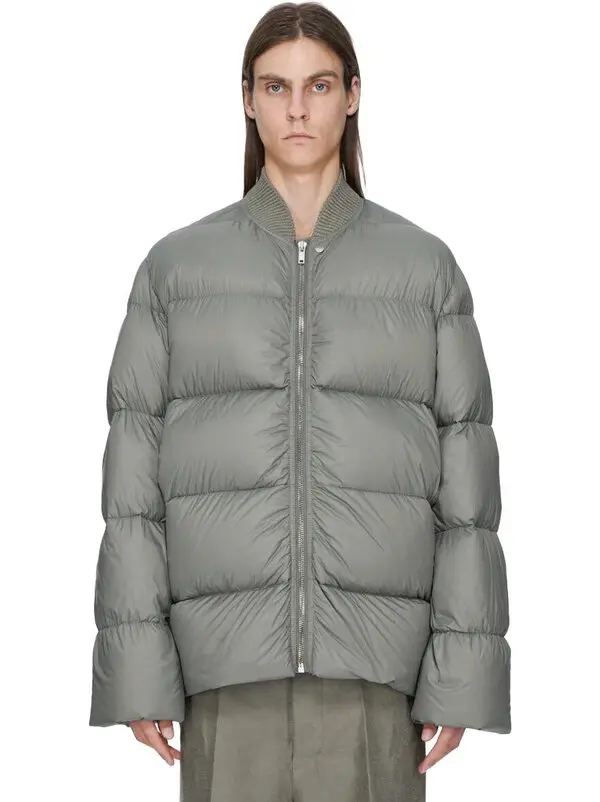Rick Owens Padded Ribbed Band-collar Front-zip Coat With Stud Pockets - Grigio