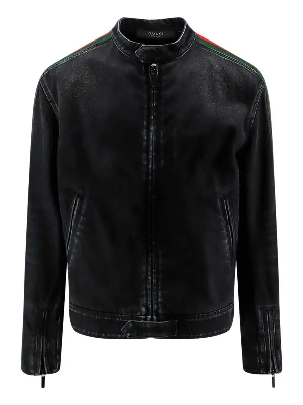 Gucci Certified Washed Cotton Denim Jacket With Engraved Zip Puller, Web-trim Sleeves - Nero
