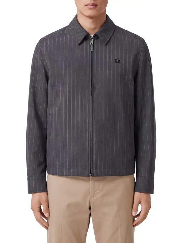 Burberry Pinstriped Wool Shirt Jacket With Embroidered Logo And Zip Closure - Grey