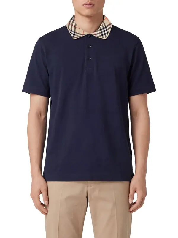Burberry Short-sleeved Cotton Polo Shirt With Check Pattern Collar - Navy