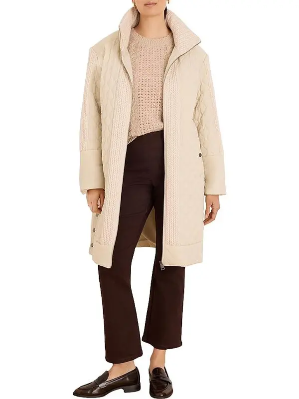 NIC+ZOE Mixed Media Sweater Trim Quilted Coat - Malt