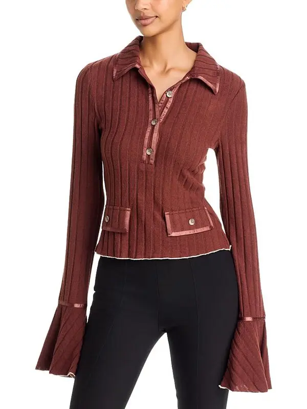 AREA STARS Remi Ribbed Button Placket Top - Brown
