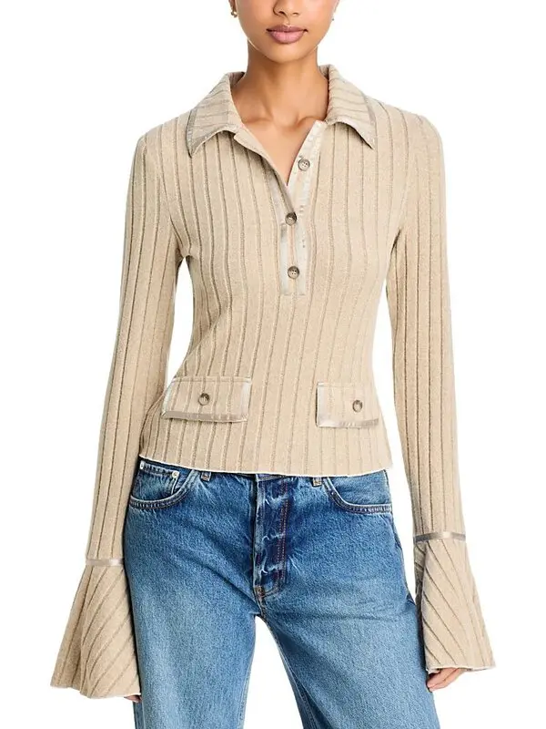 AREA STARS Remi Ribbed Button Placket Top - Tan