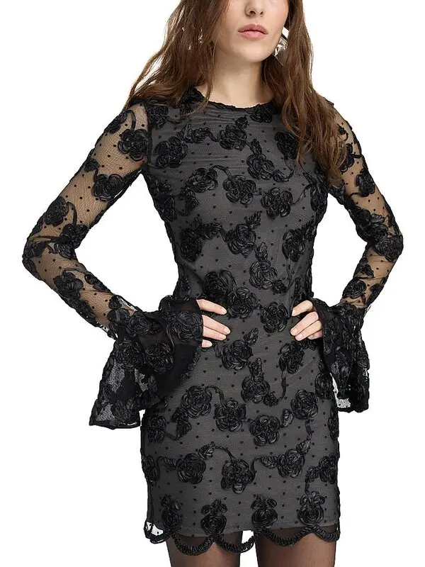 ROTATE BY BIRGER CHRISTENSEN Flower Mesh Long Sleeve Mini Dress - Black