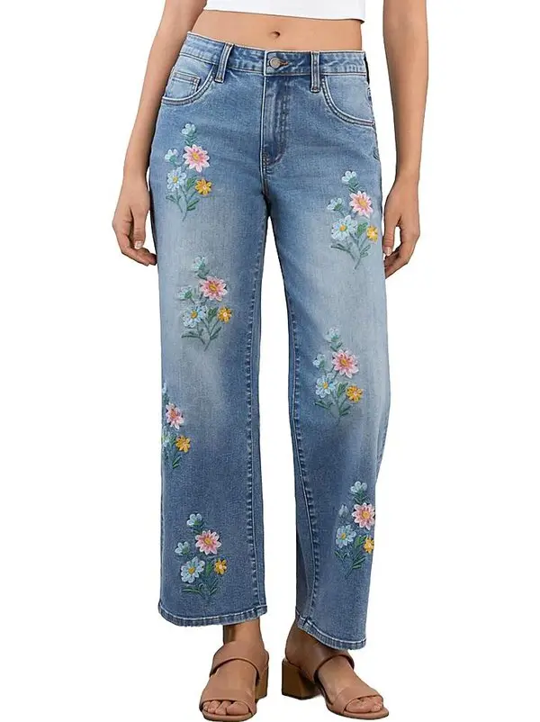 BILLY T Floral High Rise Relaxed Straight Leg Jeans - Relaxed Blue