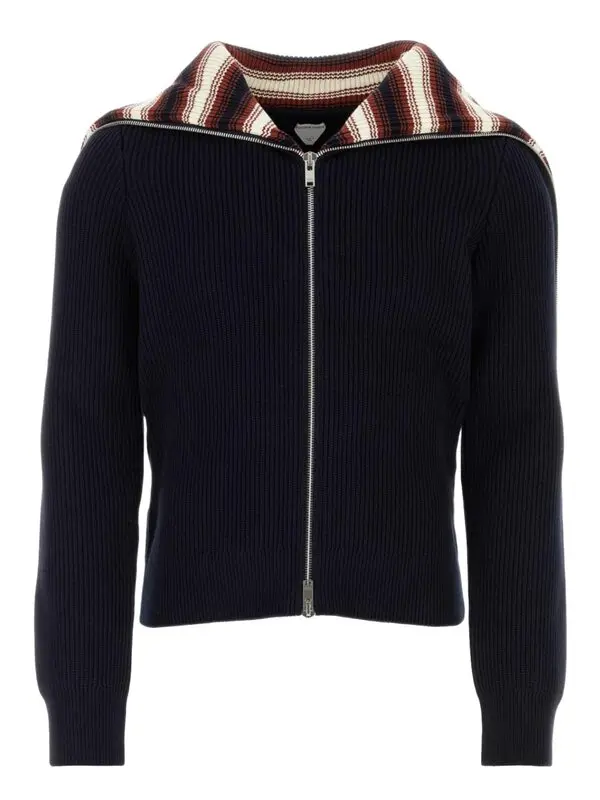 Bottega Veneta Full-zip Knitted Cardigan With Striped Collar - Dark Blue/rust/chalk
