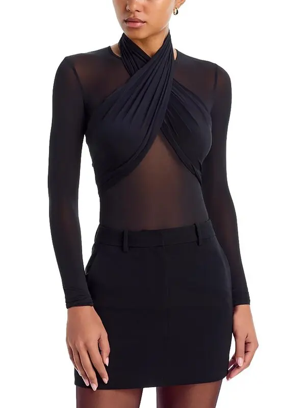 Wardrobe.NYC Crossover Bodice Mesh Bodysuit - Black