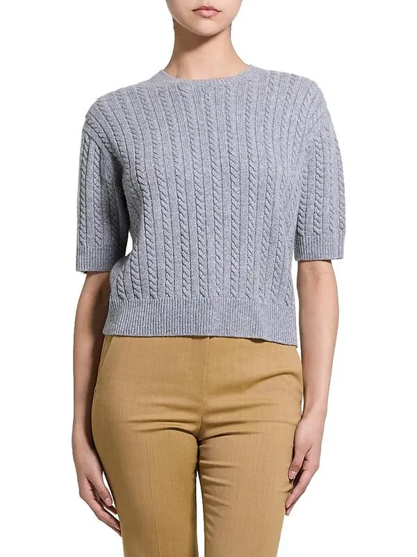 Theory Cropped Cable Knit Cashmere Crewneck Sweater - Husky