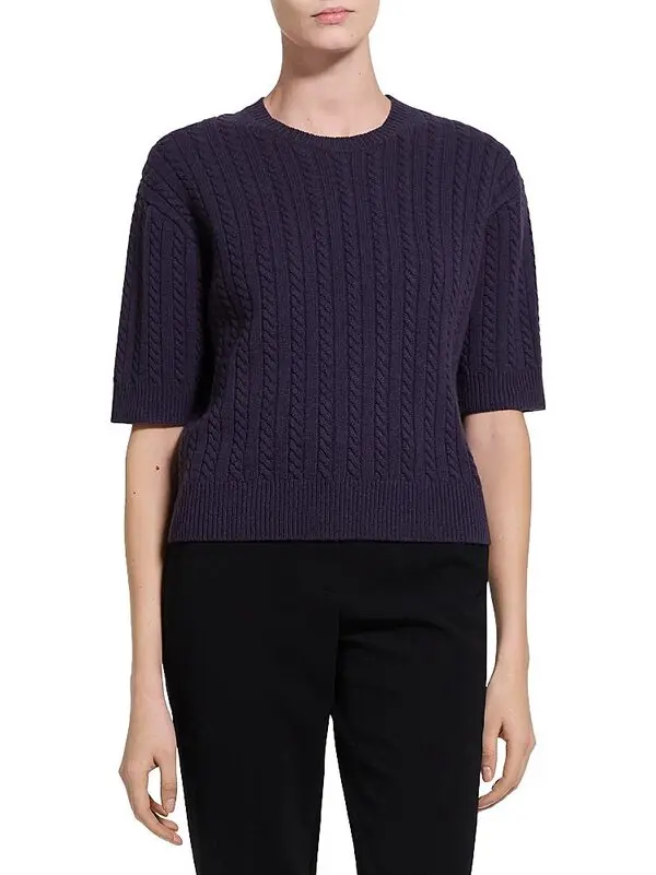 Theory Cropped Cable Knit Cashmere Crewneck Sweater - Nightshade