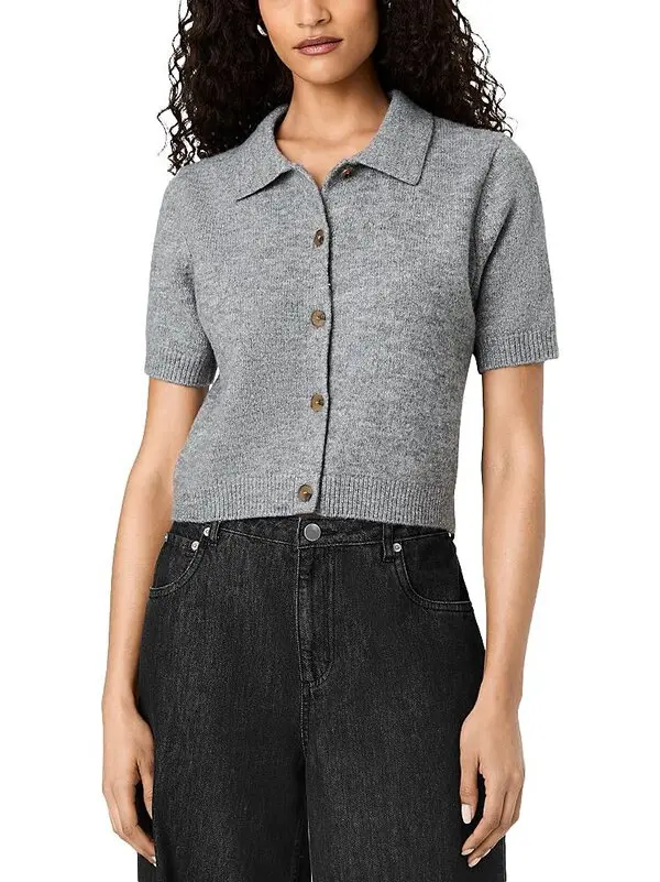 French Connection Suzie Knit Short Sleeve Collared Cardigan Sweater - Grey