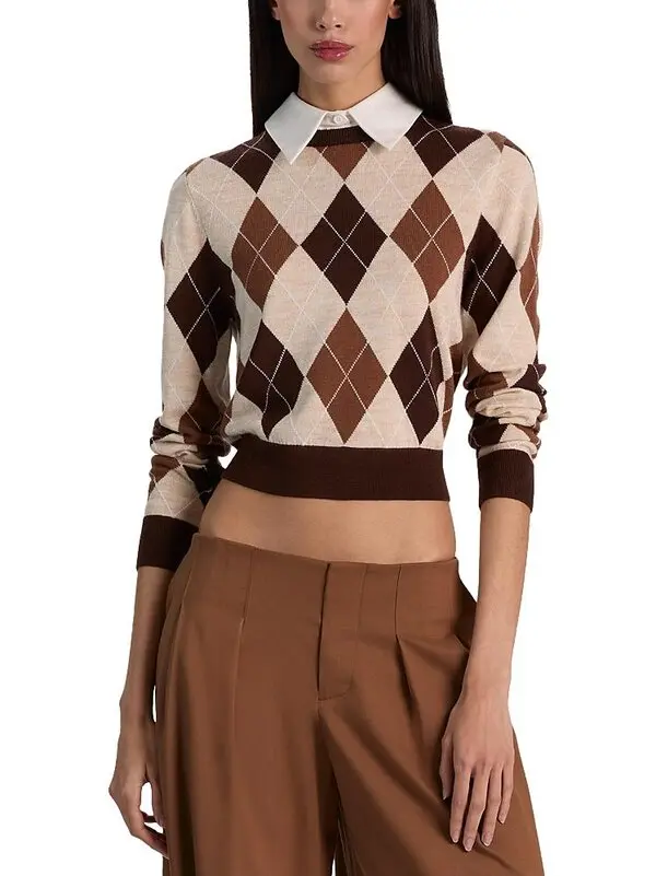 Alice + Olivia Carolann Wool Blend Crewneck Sweater With Cotton Stretch Collar - Camel/multi